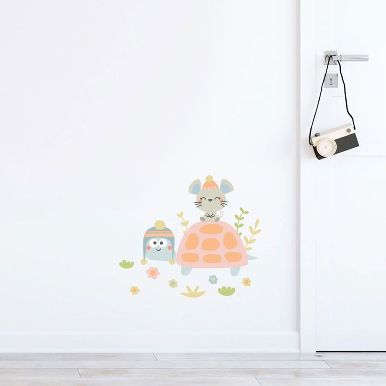 Mouse on Pink Tortoise Wall Decal, Cute Animals Wall Sticker ...