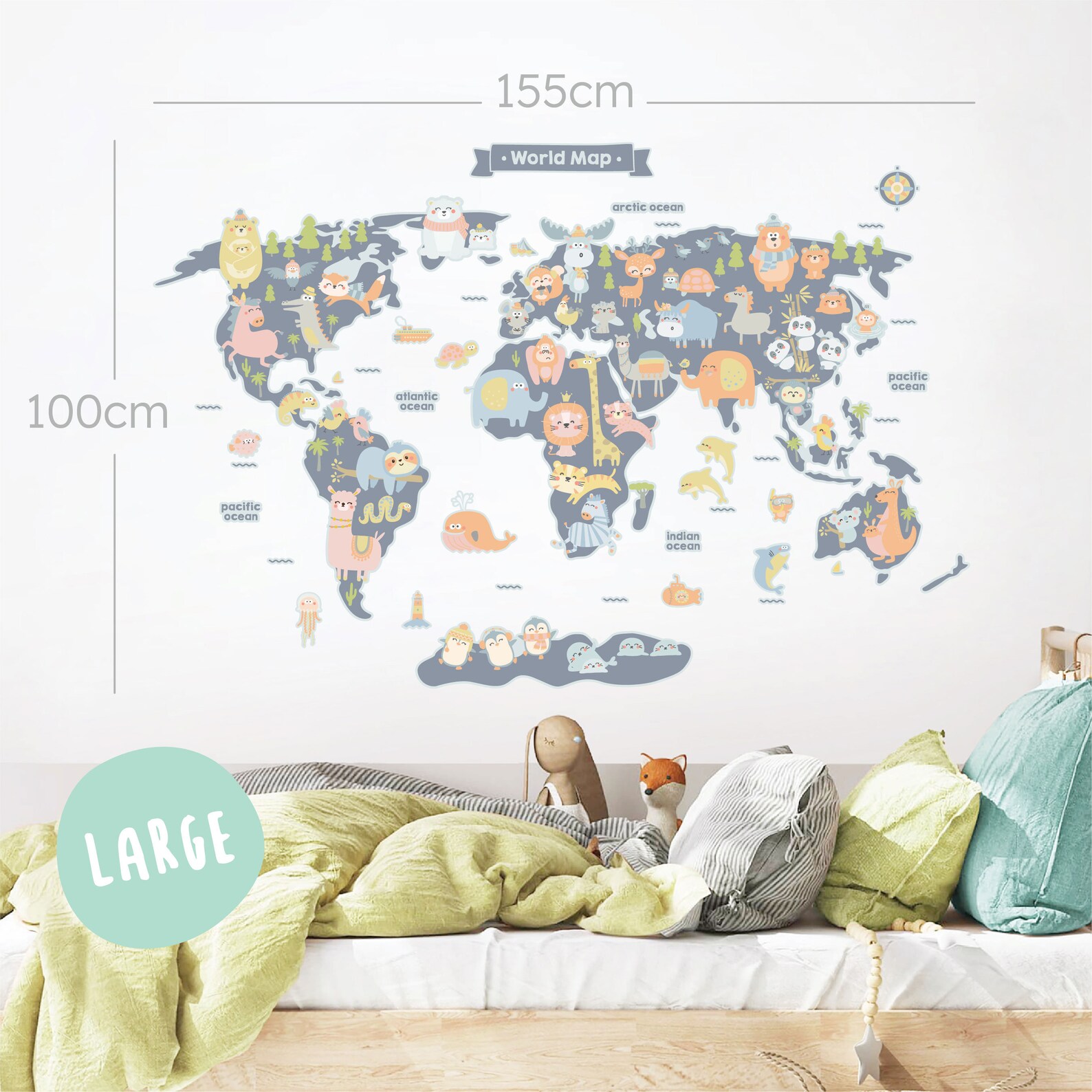 World Map Animal Wall Sticker, Animal World Map Wall Decal, Map Decal ...
