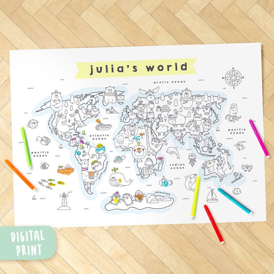 Personalized Coloring Animal World Map Poster for Kids - Digital Print ...