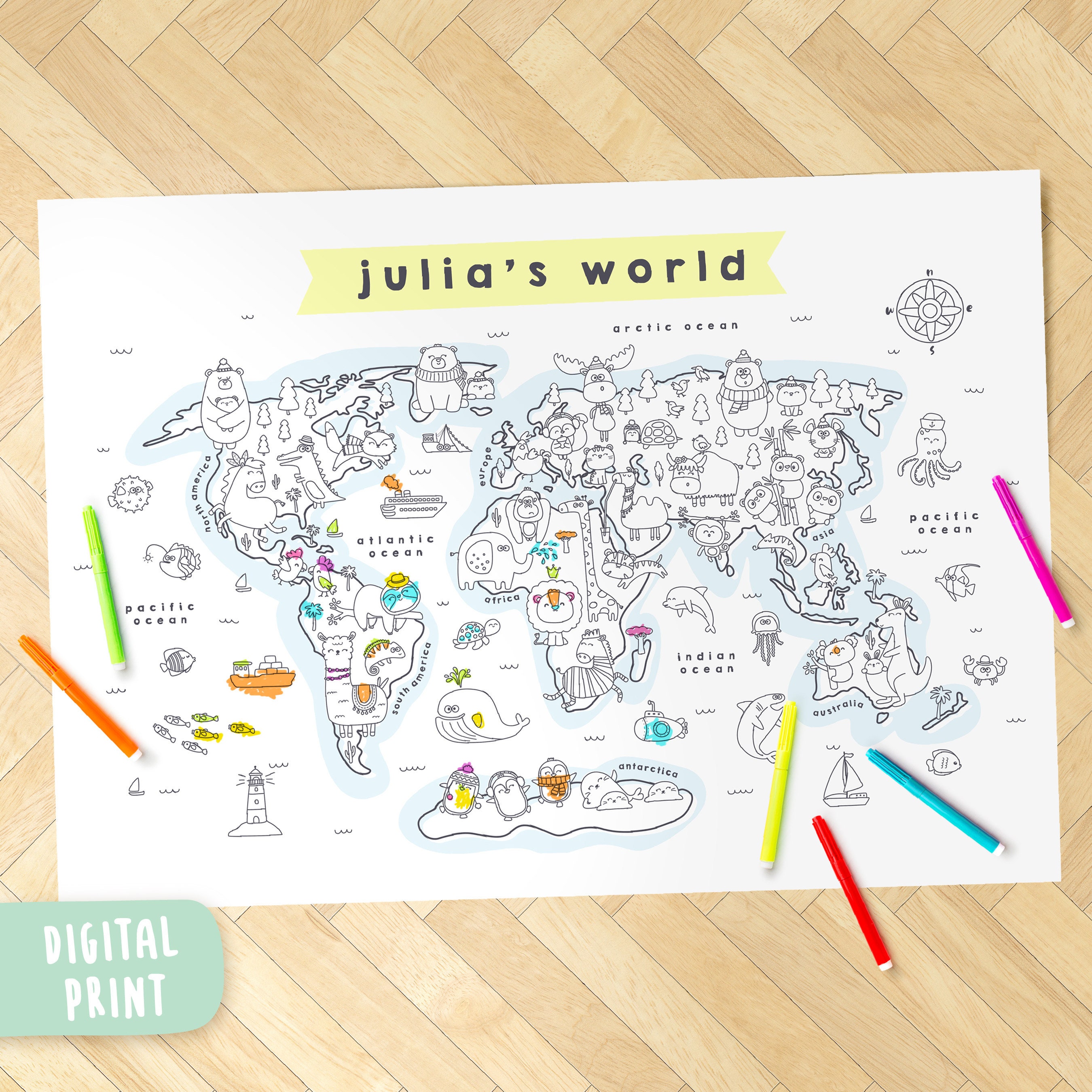 Personalized Coloring Animal World Map Poster for Kids - Digital Print ...
