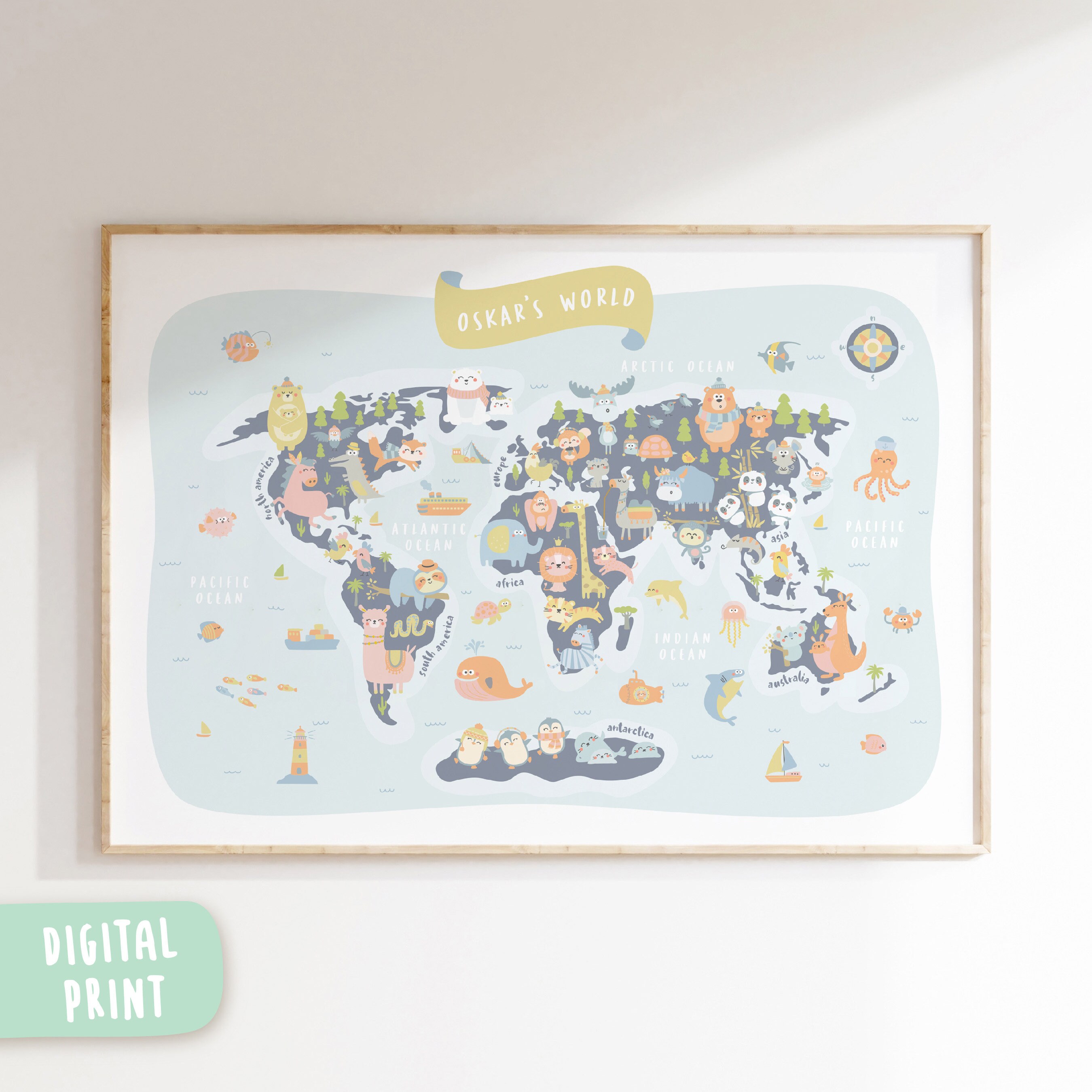 Educational and Customized Printable Animal World Map - Kids Room ...