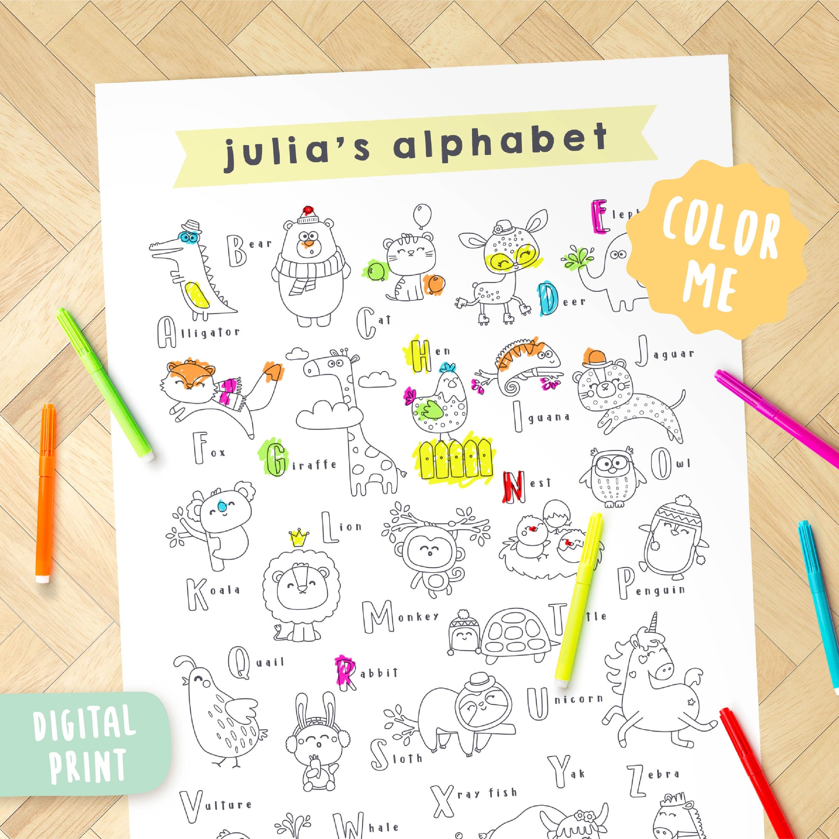 Printable Alphabet Coloring Poster - Personalized Child's Name ...