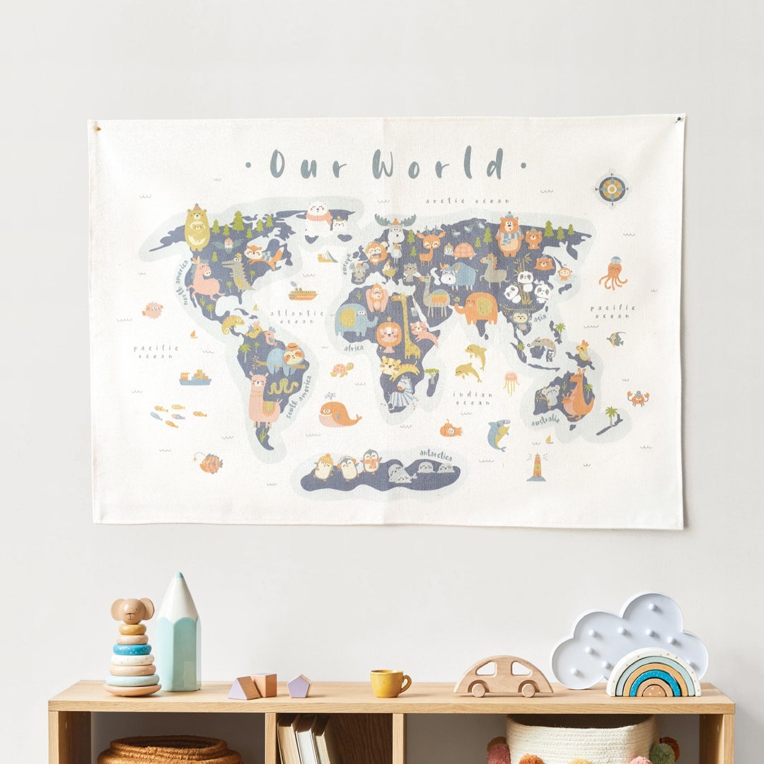 Wall Hanging Animal World Map for Kids, Organic Cotton, Blue, Baby Room ...