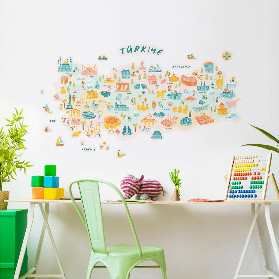 Turkey Map Wall Decal, Cultural Turkey Map Wall Sticker, Turkish ...