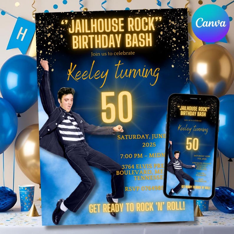 Elvis Presley Jailhouse Rock Birthday Invitation: Printable Rock N Roll ...