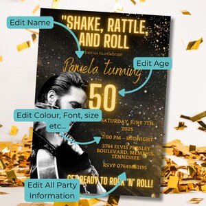 Elvis Presley Shake Rattle & Roll Themed Birthday Invitation and Evites ...