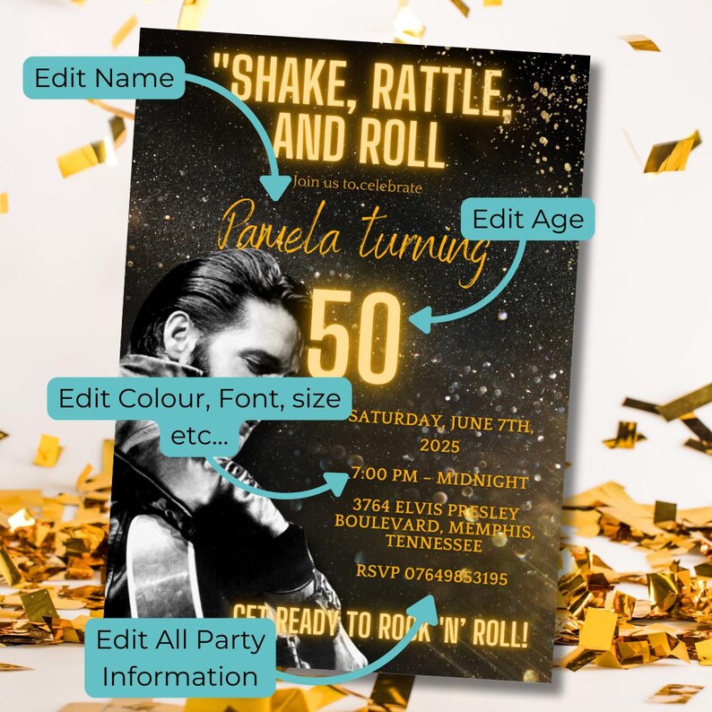 Elvis Presley Shake Rattle & Roll Themed Birthday Invitation and Evites ...