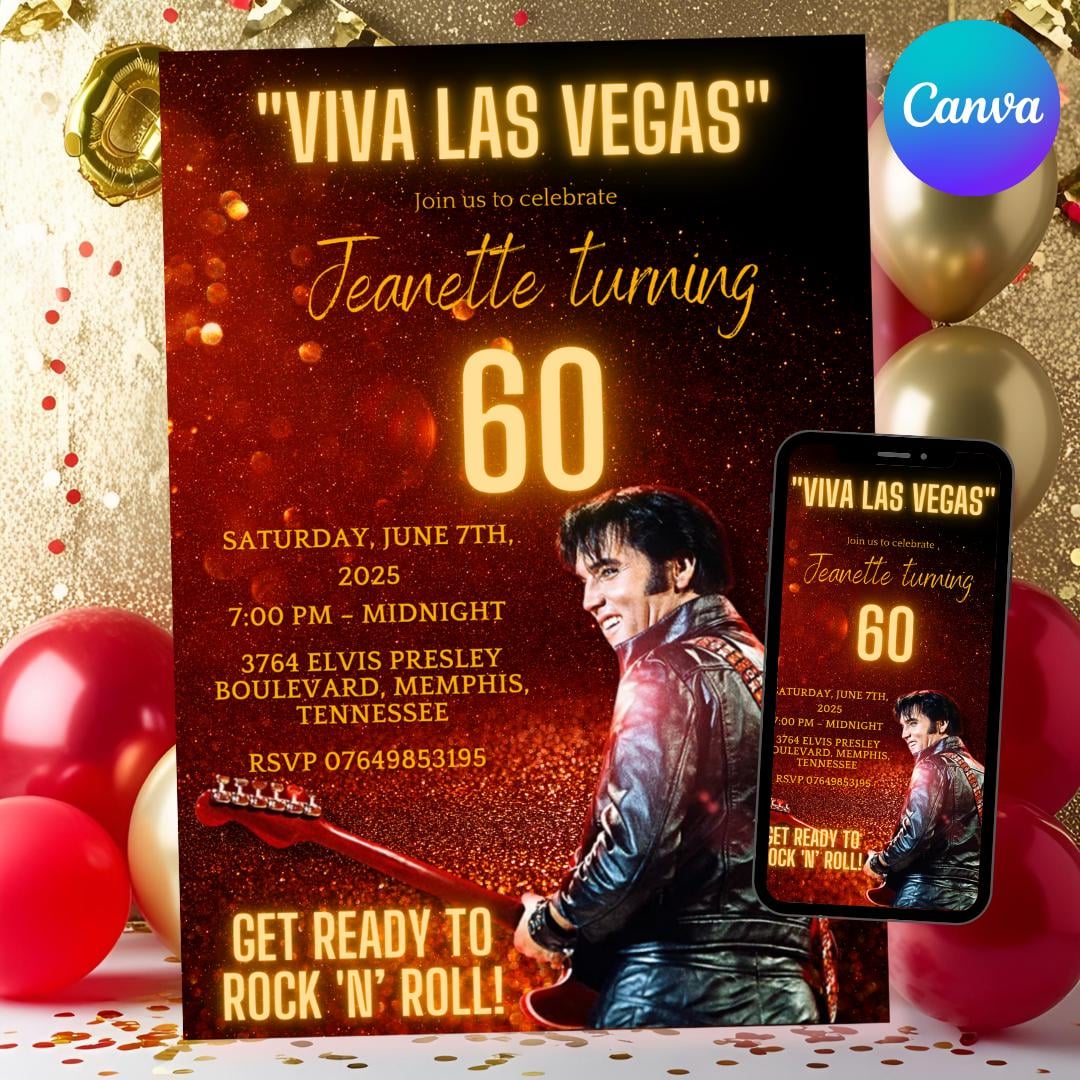 Viva Las Vegas Elvis Birthday Invitation | Rock 'n' Roll Party ...