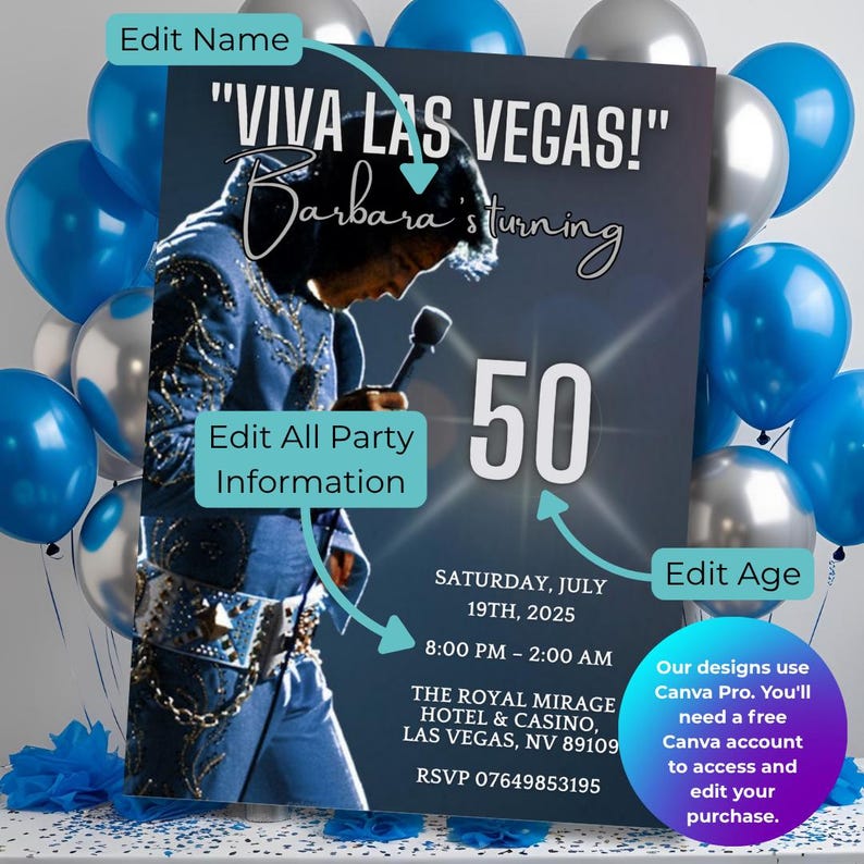 Viva Las Vegas Elvis Birthday Invitation | Editable Template (digital ...