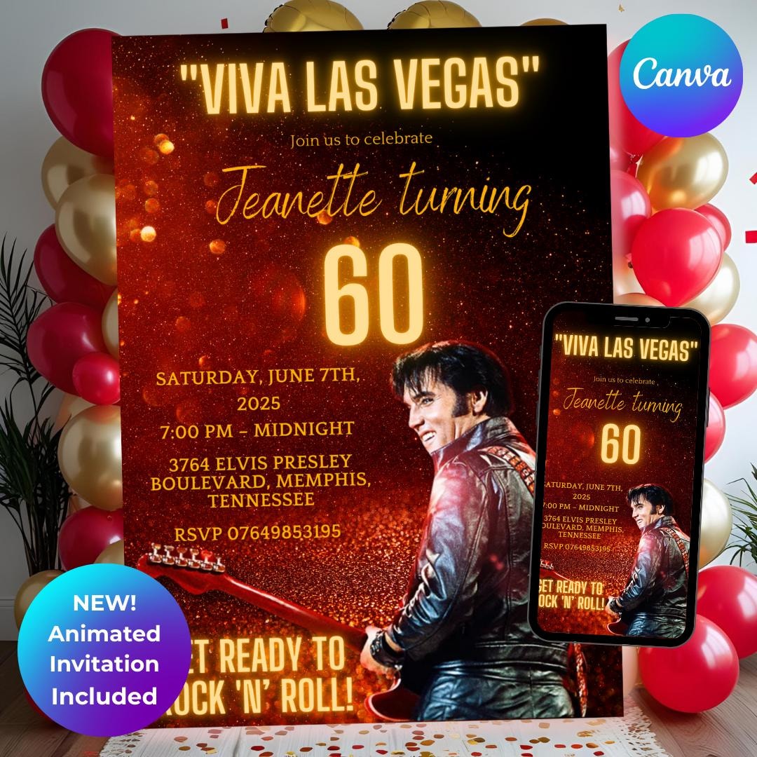 Elvis Presley Viva Las Vegas Birthday Invitation: Rock N Roll Party ...