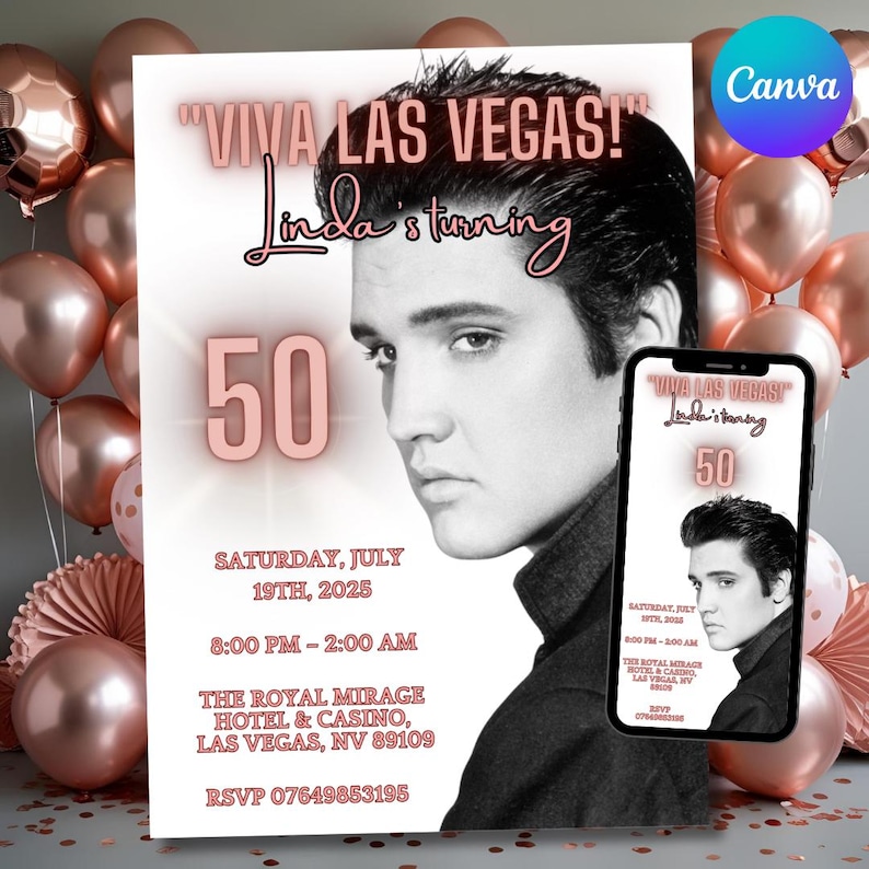 Elvis Presley Birthday Invitation, Viva Las Vegas Party (digital ...