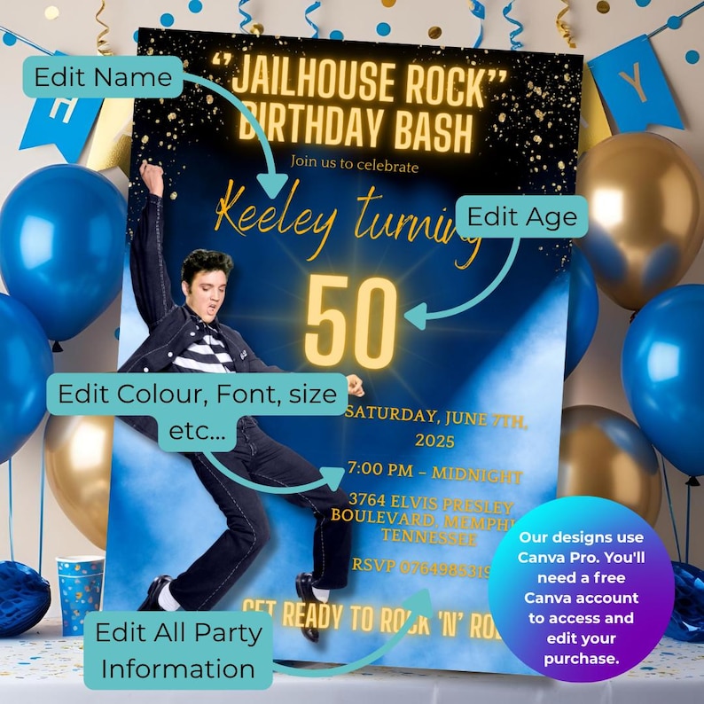 Elvis Presley Jailhouse Rock Birthday Invitation: Printable Rock N Roll ...