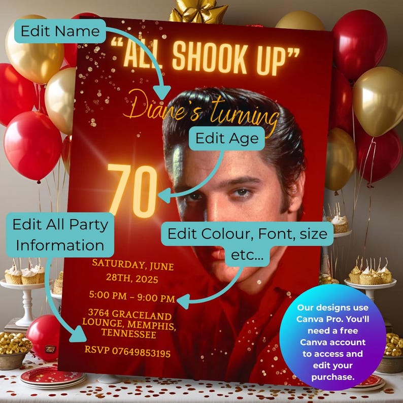 Elvis Presley 70th Birthday Invitation: All Shook Up, Retro Rock & Roll ...