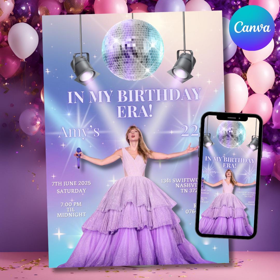 Taylor Swift Birthday Invitation, Birthday Era, Swifties, Canva ...