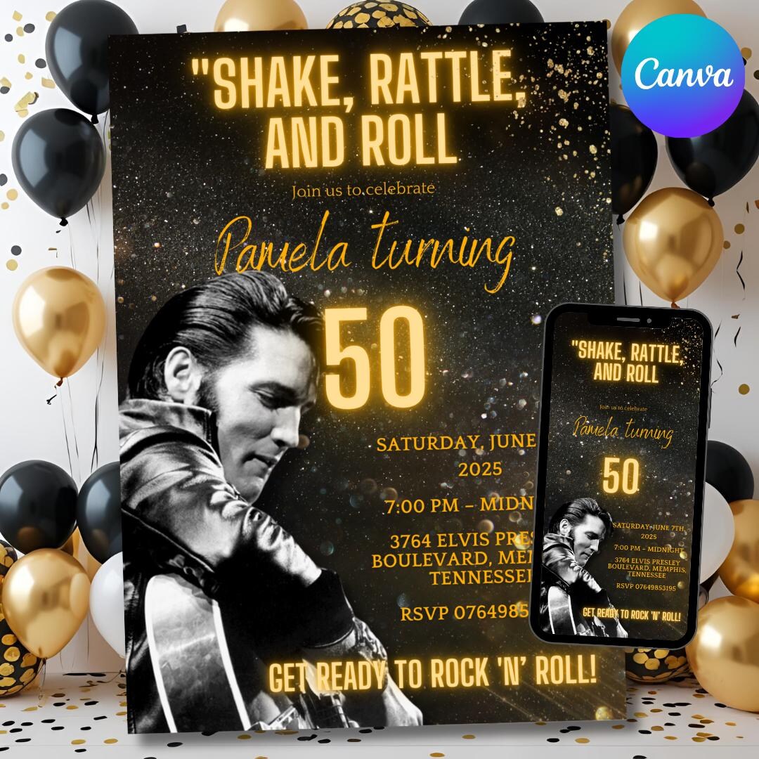 Elvis Presley Birthday Digital Invitation, Shake Rattle & Roll, Viva ...
