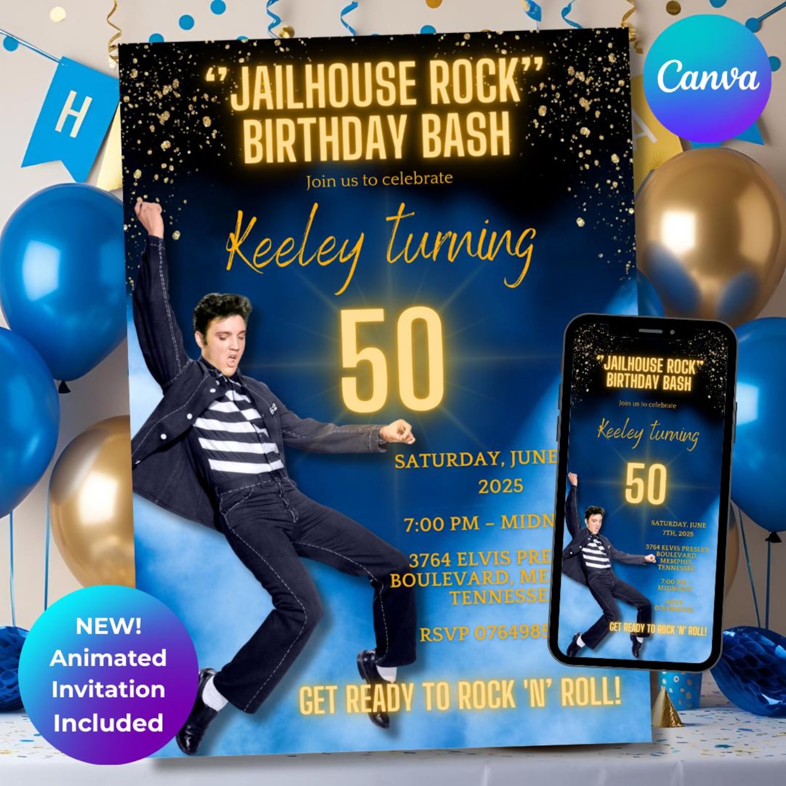 Elvis Presley Jailhouse Rock Birthday Invitation: Printable Rock N Roll ...
