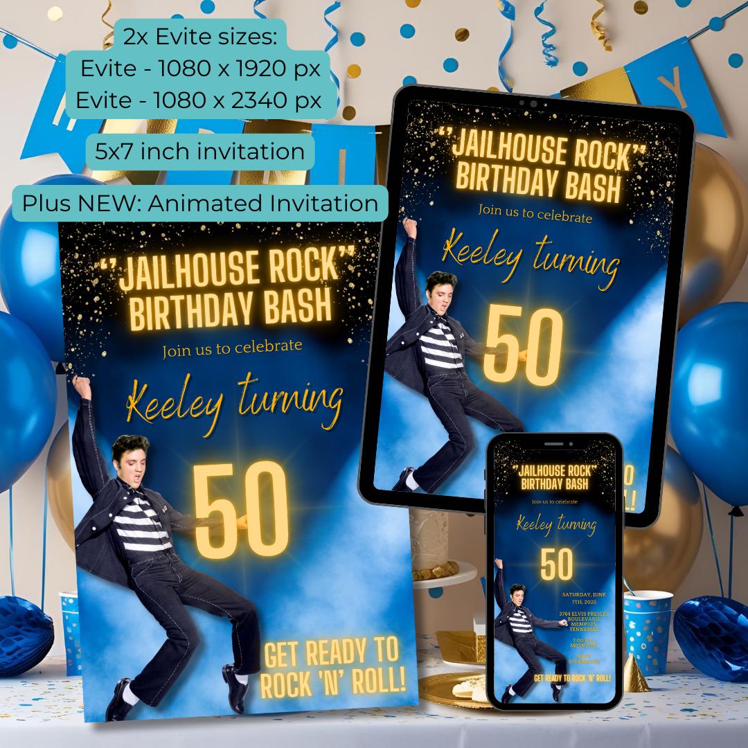 Elvis Presley Jailhouse Rock Birthday Invitation: Printable Rock N Roll ...