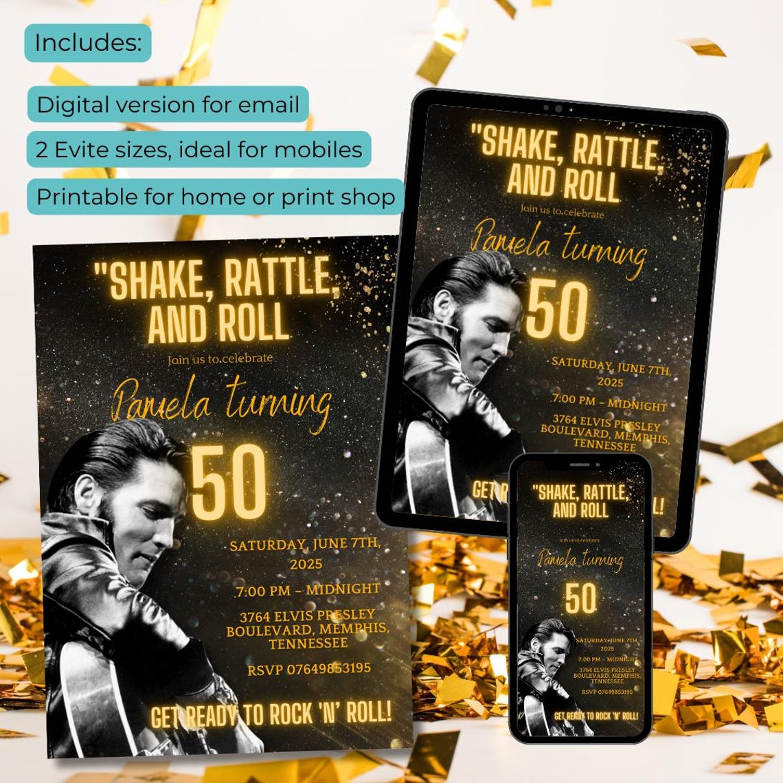 Elvis Presley Shake Rattle & Roll Themed Birthday Invitation and Evites ...
