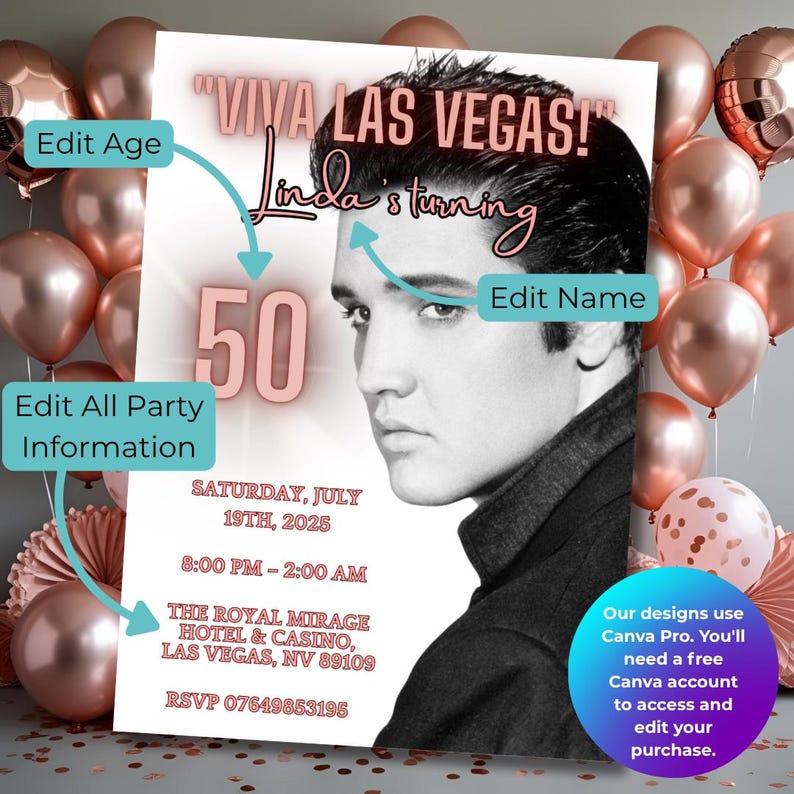 Elvis Presley Birthday Invitation, Viva Las Vegas Party (digital ...