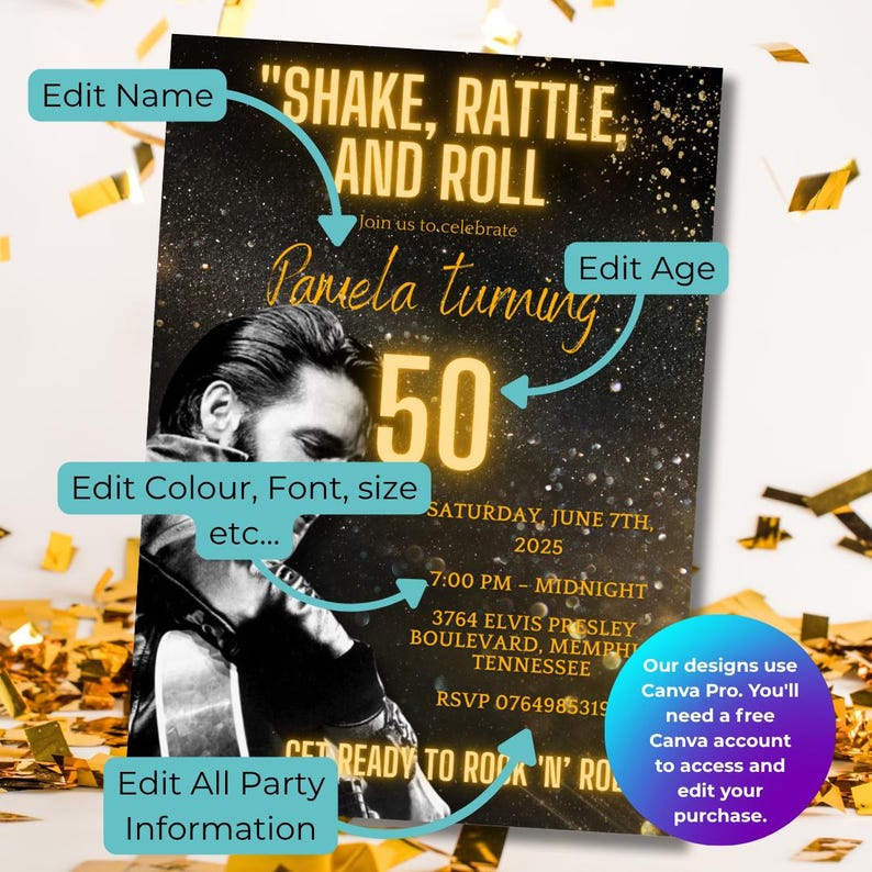 Elvis Presley Shake Rattle & Roll Themed Birthday Invitation and Evites ...