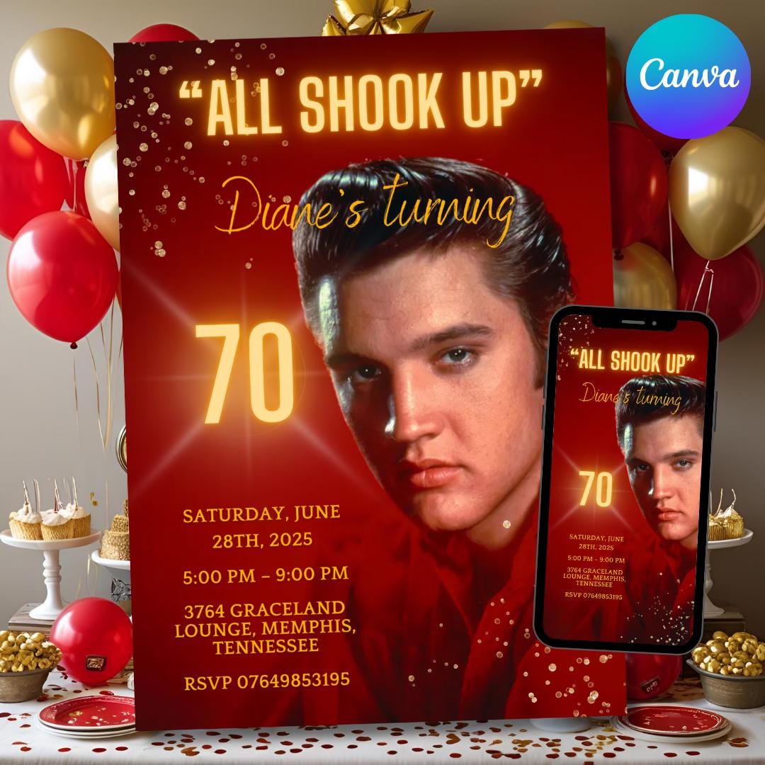Elvis Presley 70th Birthday Invitation: All Shook Up, Retro Rock & Roll ...