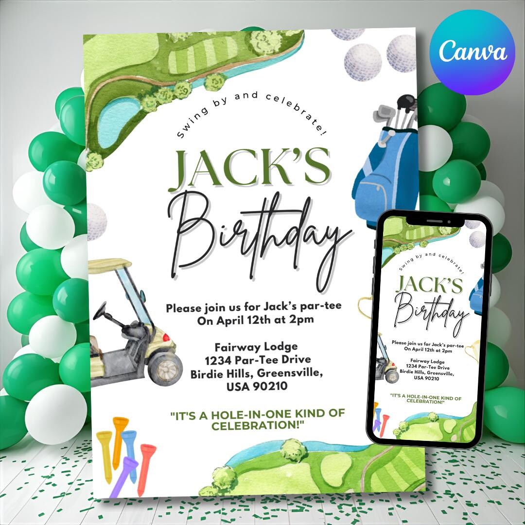 Watercolor Golf Birthday Invitation: Editable Party Template (digital ...