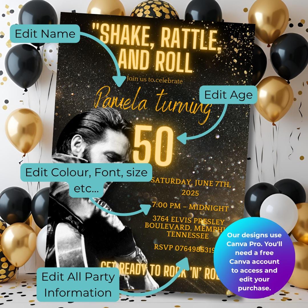 Elvis Presley 50th Birthday Invitation: Viva Las Vegas, Shake Rattle ...