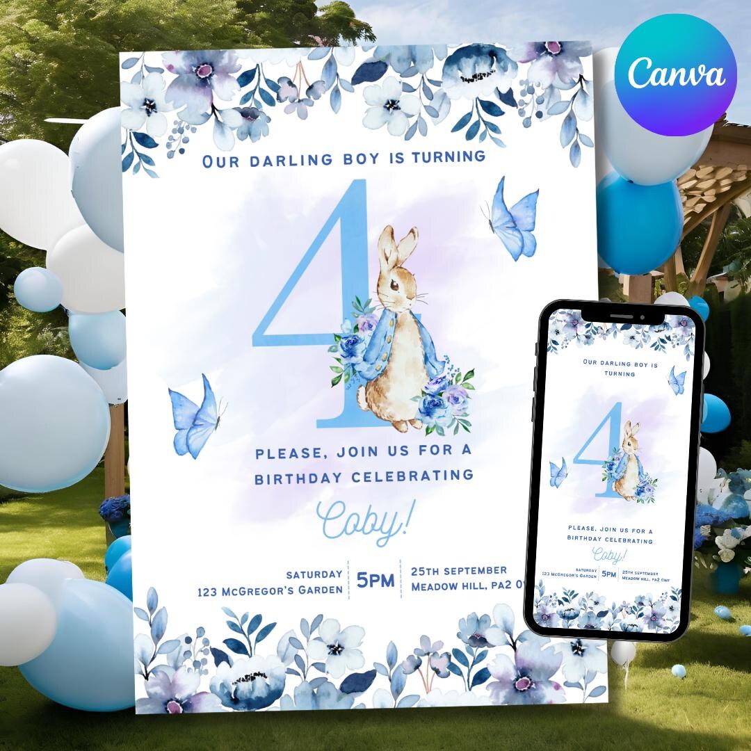 Peter Rabbit 4th Birthday Invitation, Blue Watercolor (digital Download ...