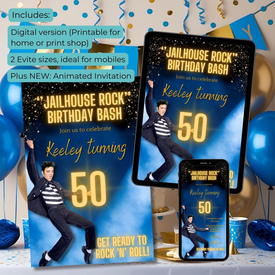 Elvis Presley Jailhouse Rock Birthday Invitation: Printable Rock N Roll ...