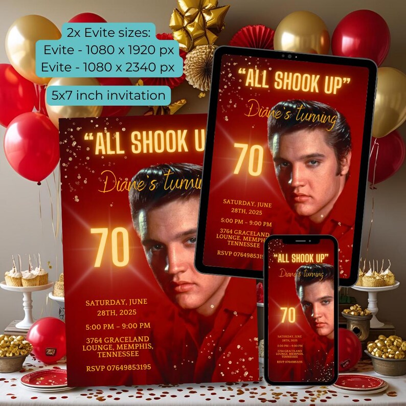 Elvis Presley 70th Birthday Invitation: All Shook Up, Retro Rock & Roll ...