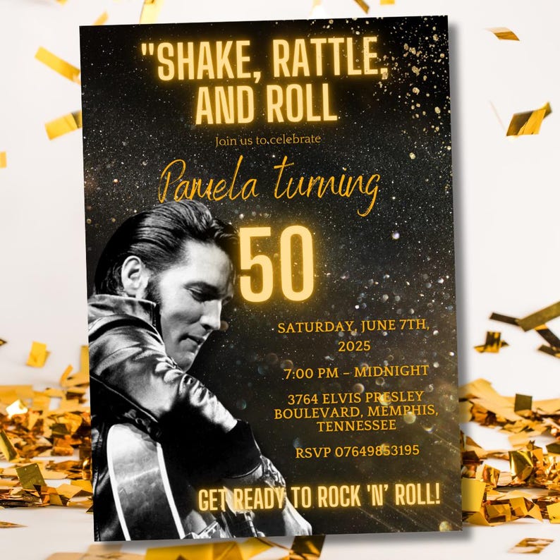 Elvis Presley Shake Rattle & Roll Themed Birthday Invitation Editable ...