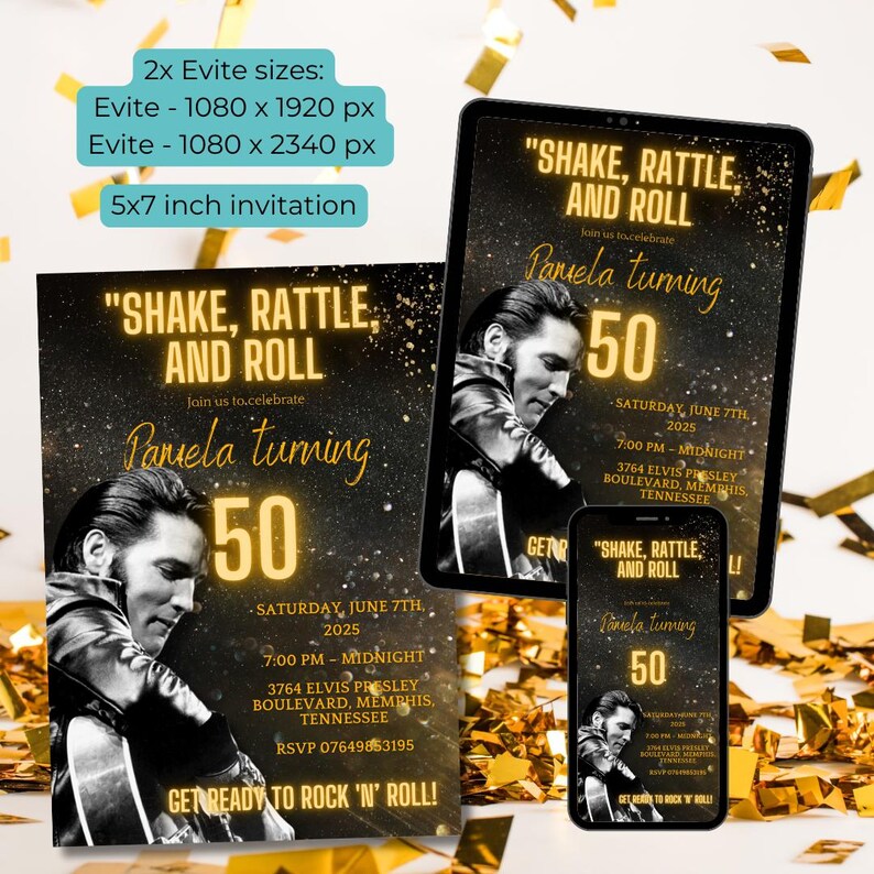Elvis Presley Shake Rattle & Roll Themed Birthday Invitation and Evites ...