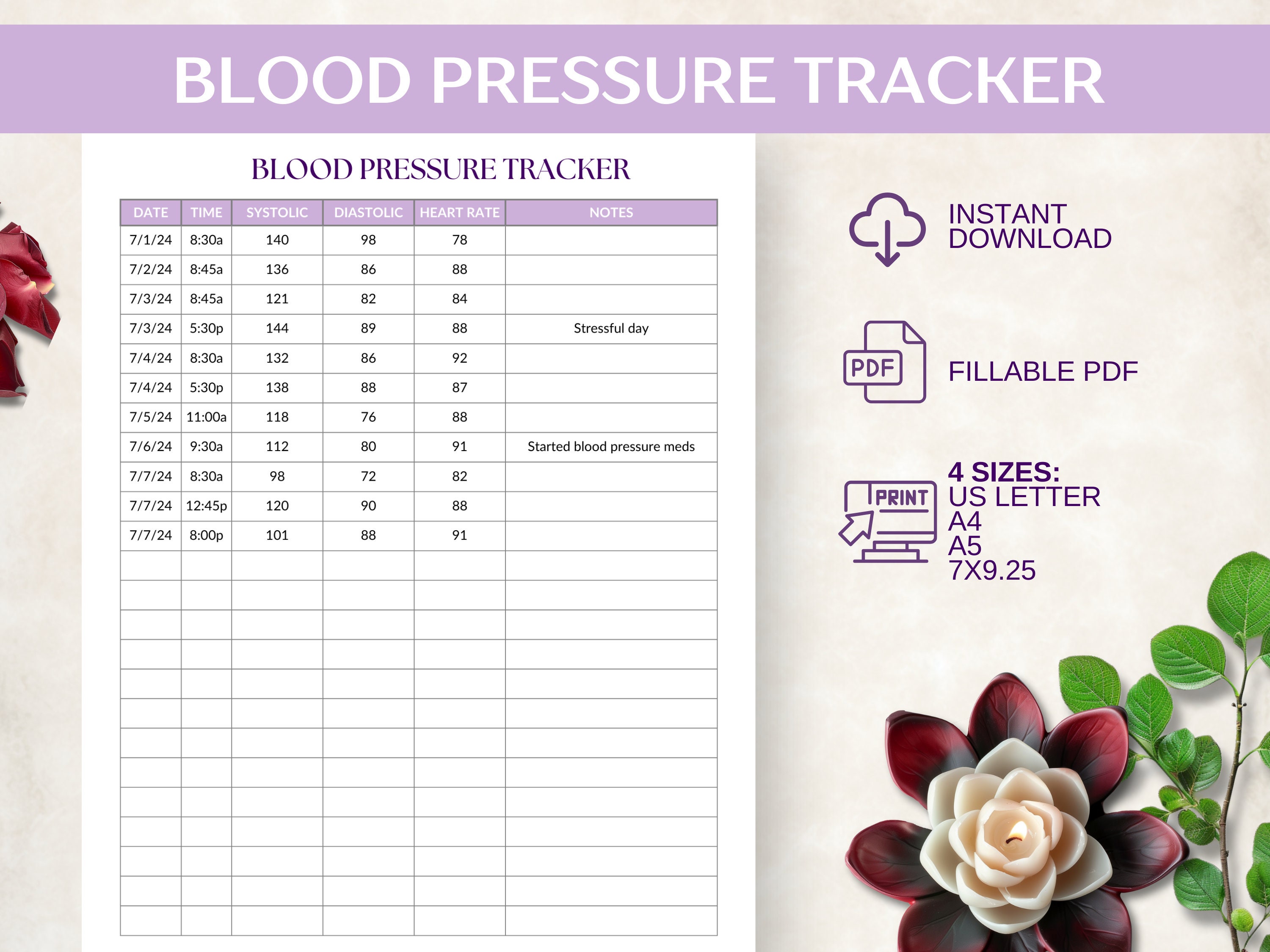 Blood Pressure Tracker | Printable and Fillable Blood Pressure Log | BP ...
