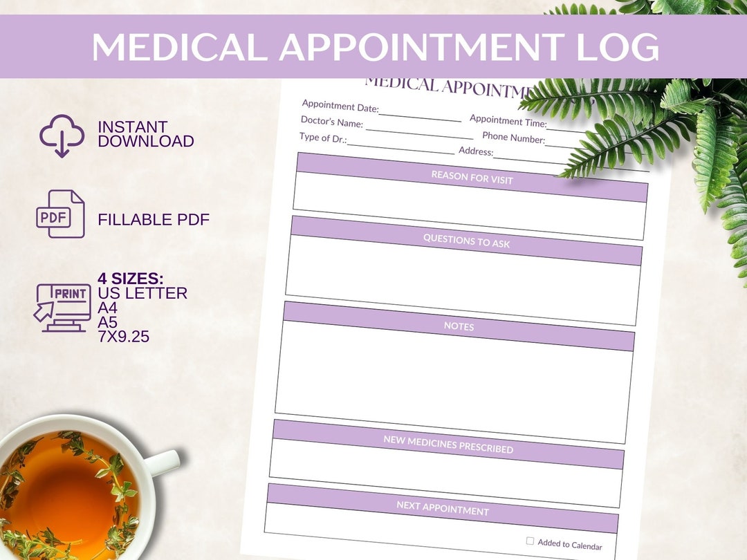 Medical Appointment Log for Doctor Appointment Tracking. Fillable PDF ...
