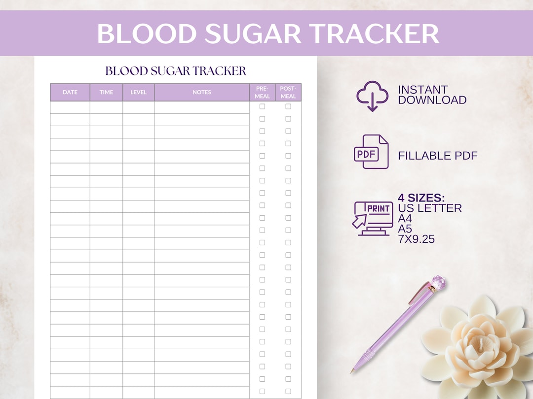Blood Sugar Glucose Tracker | Printable, Fillable Blood Sugar Log ...