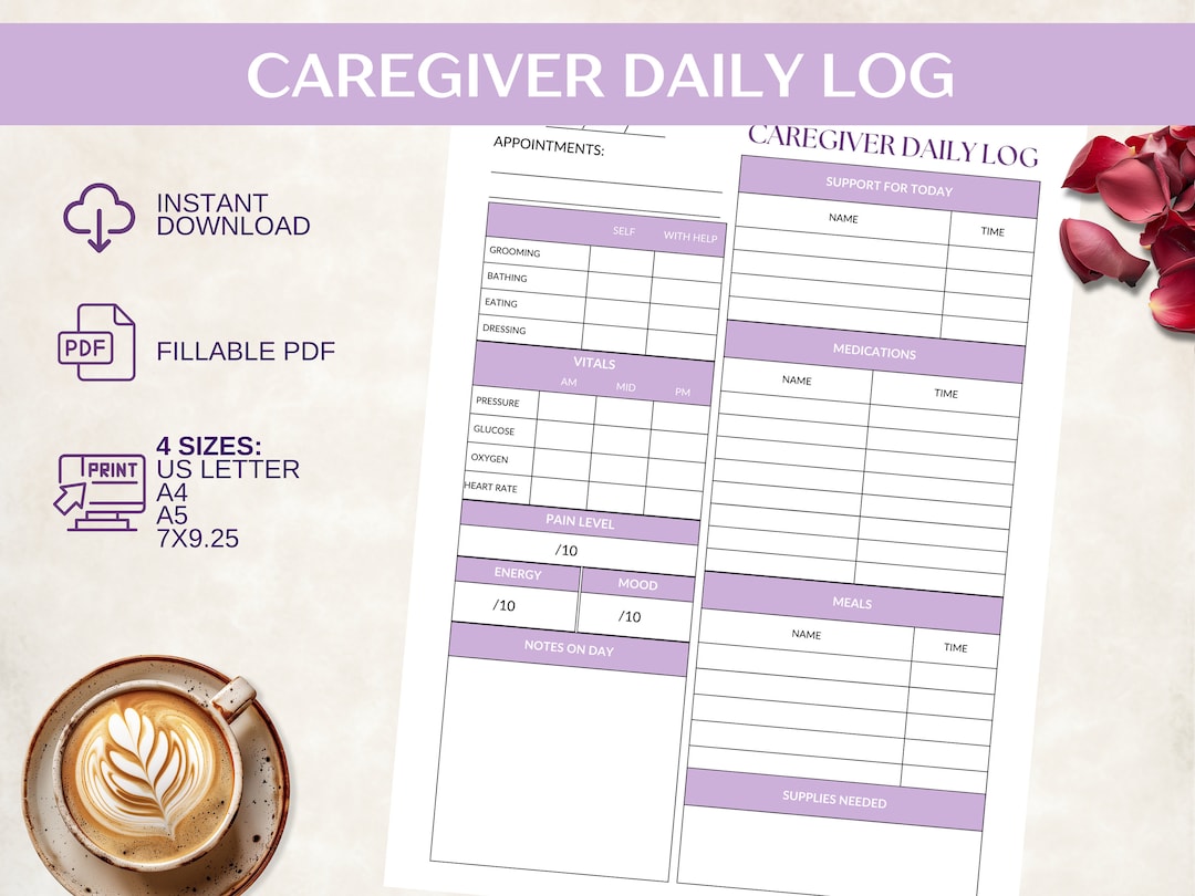 Checklist and Log for Caregivers of Elderly and Terminally Ill. Digital, Fillable PDF, Printable ...