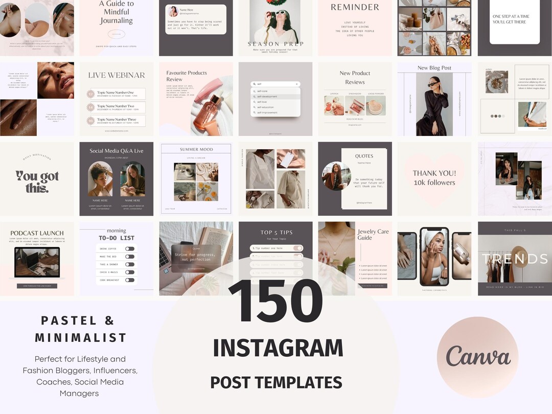 150 Instagram Aesthetic Post Templates, Minimalist Pastel, Canva ...