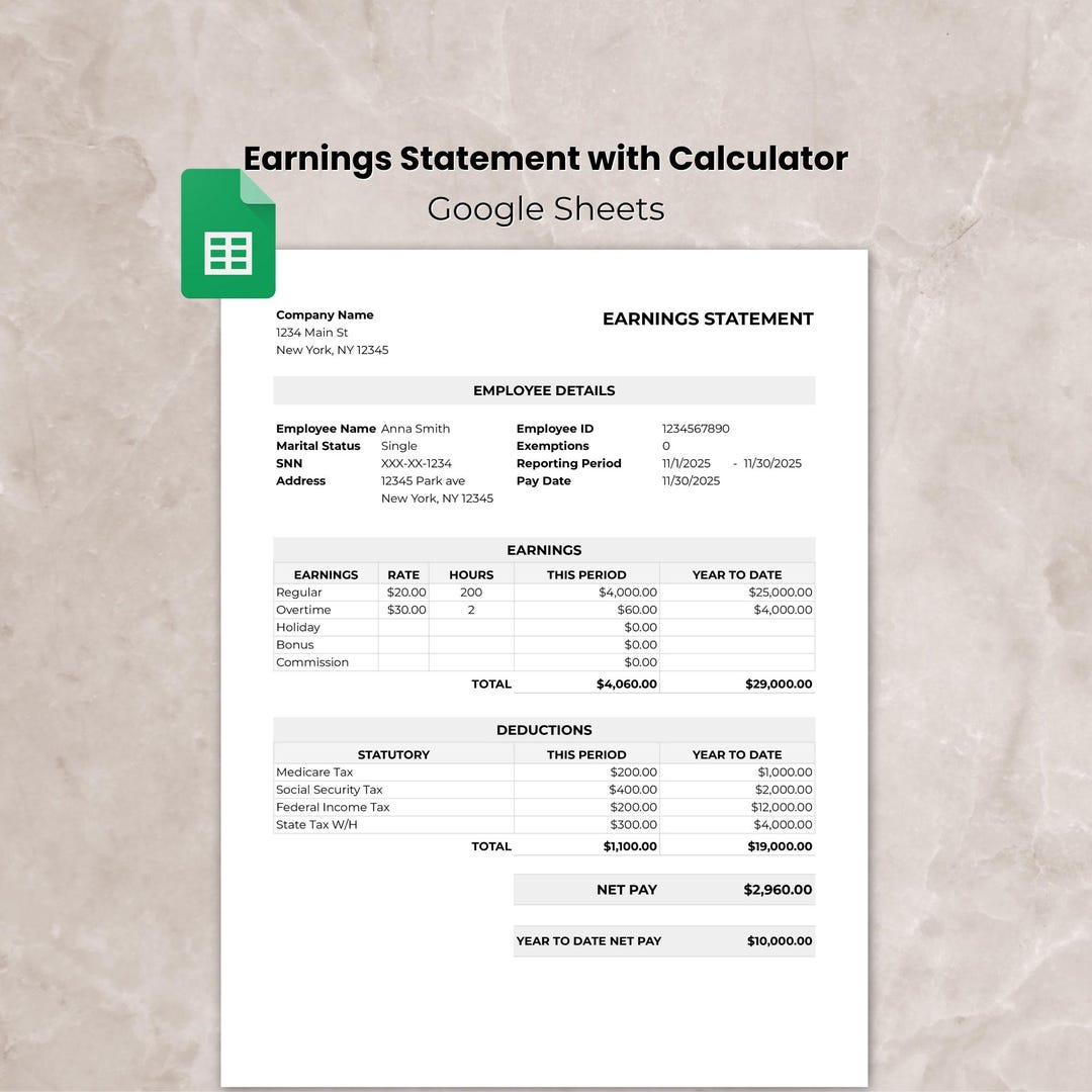 Paystub Template Google Sheets, Editable Earnings Statement Download as ...