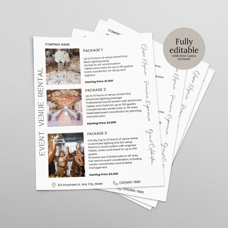 Event Venue Rental Packages Pricing Canva Template, Editable Wedding ...