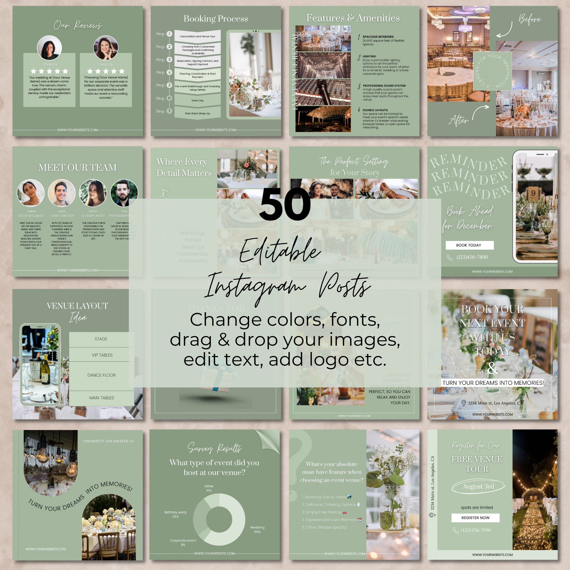 Event Venue Rental Instagram Posts Canva Template Editable Wedding ...
