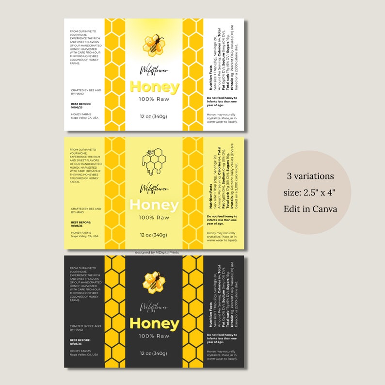 Honey Labels for Jars Canva Template, Editable Honey Jar Labels, Honey ...