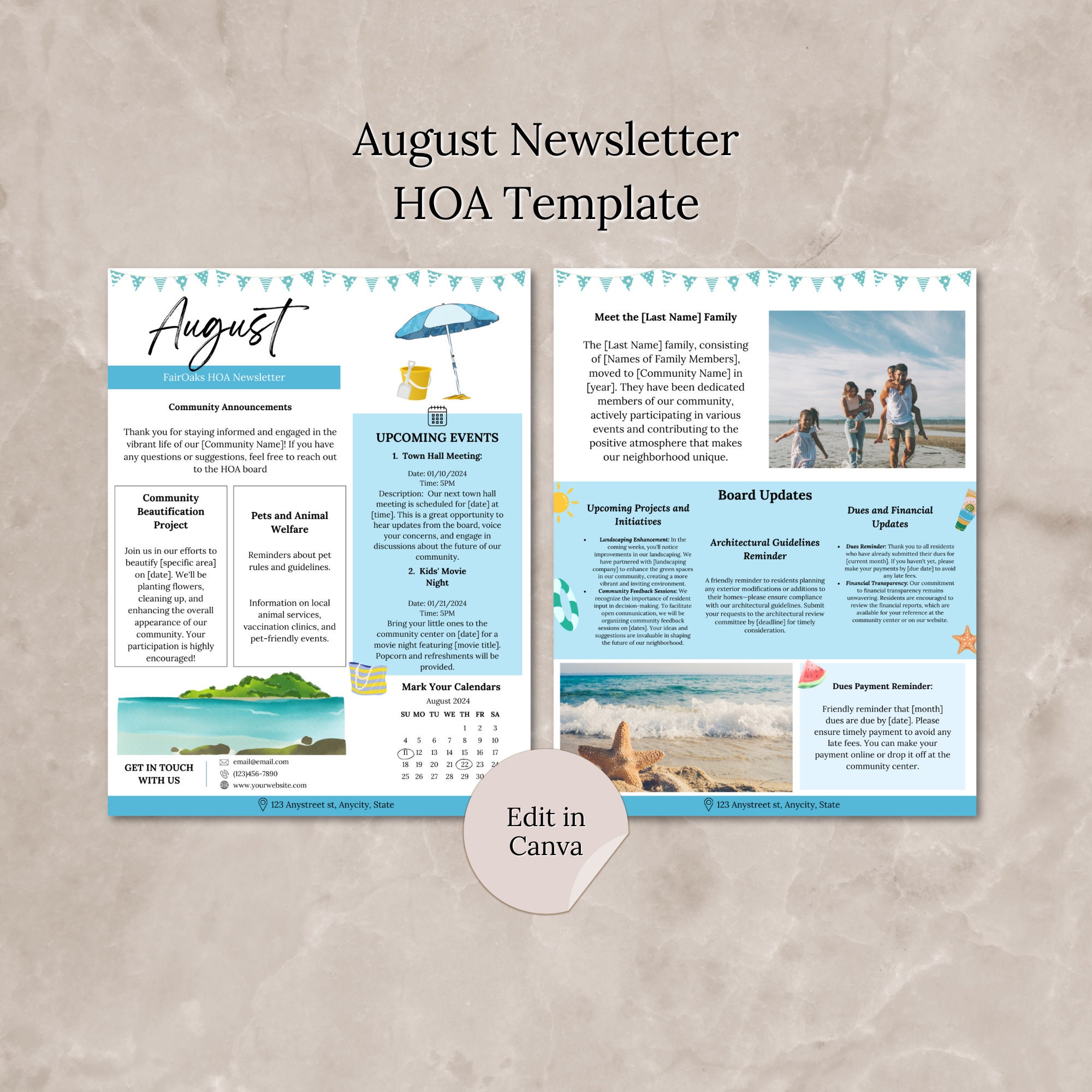 August HOA Newsletter Canva Template Editable August Month Newsletter ...