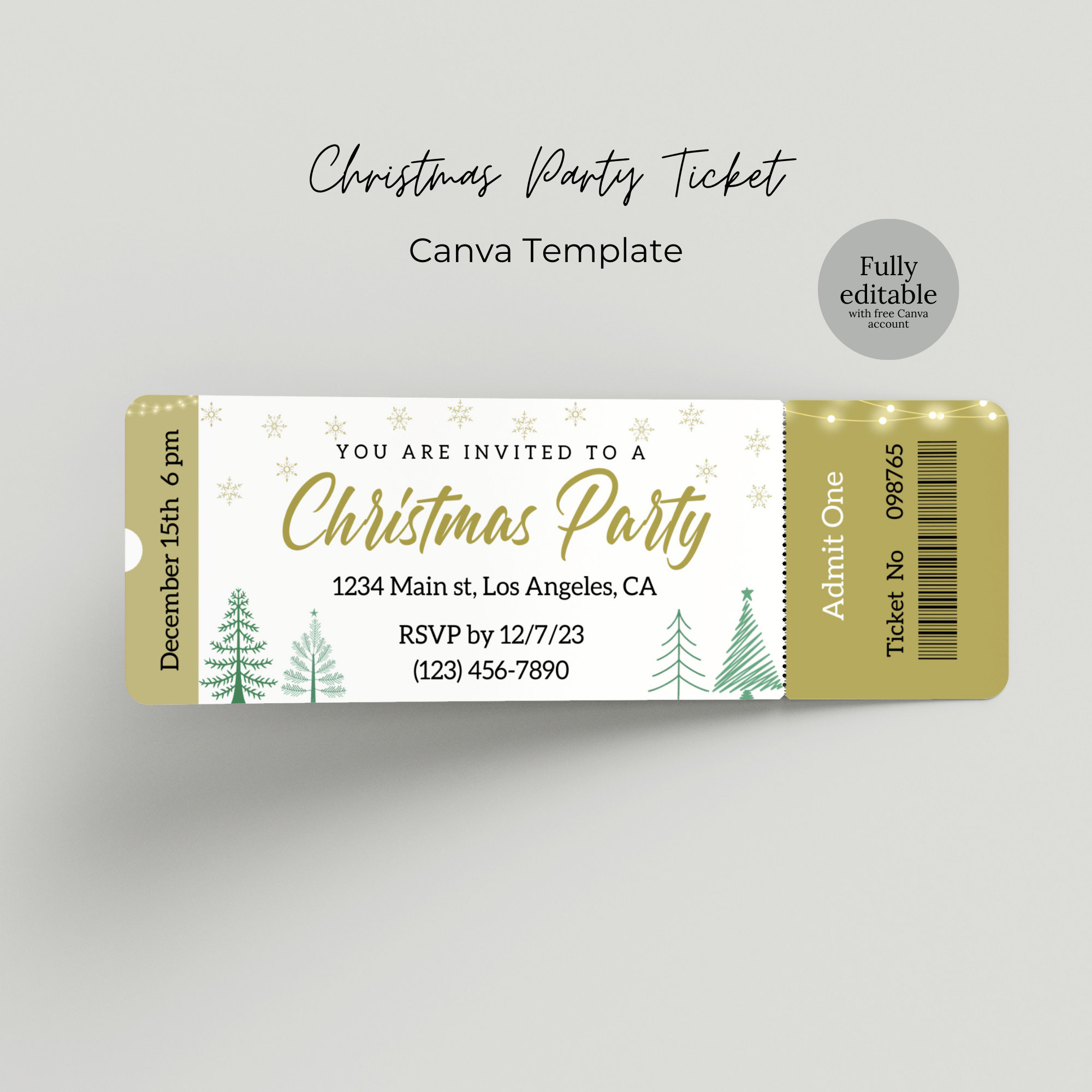 Christmas Event Ticket Canva Template, Editable Holiday Ticket Gold ...