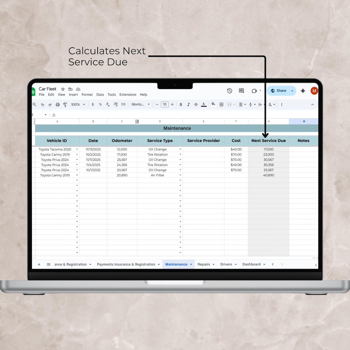 Fleet Management Spreadsheet, Car Maintenance Google Sheet, Vehicle ...