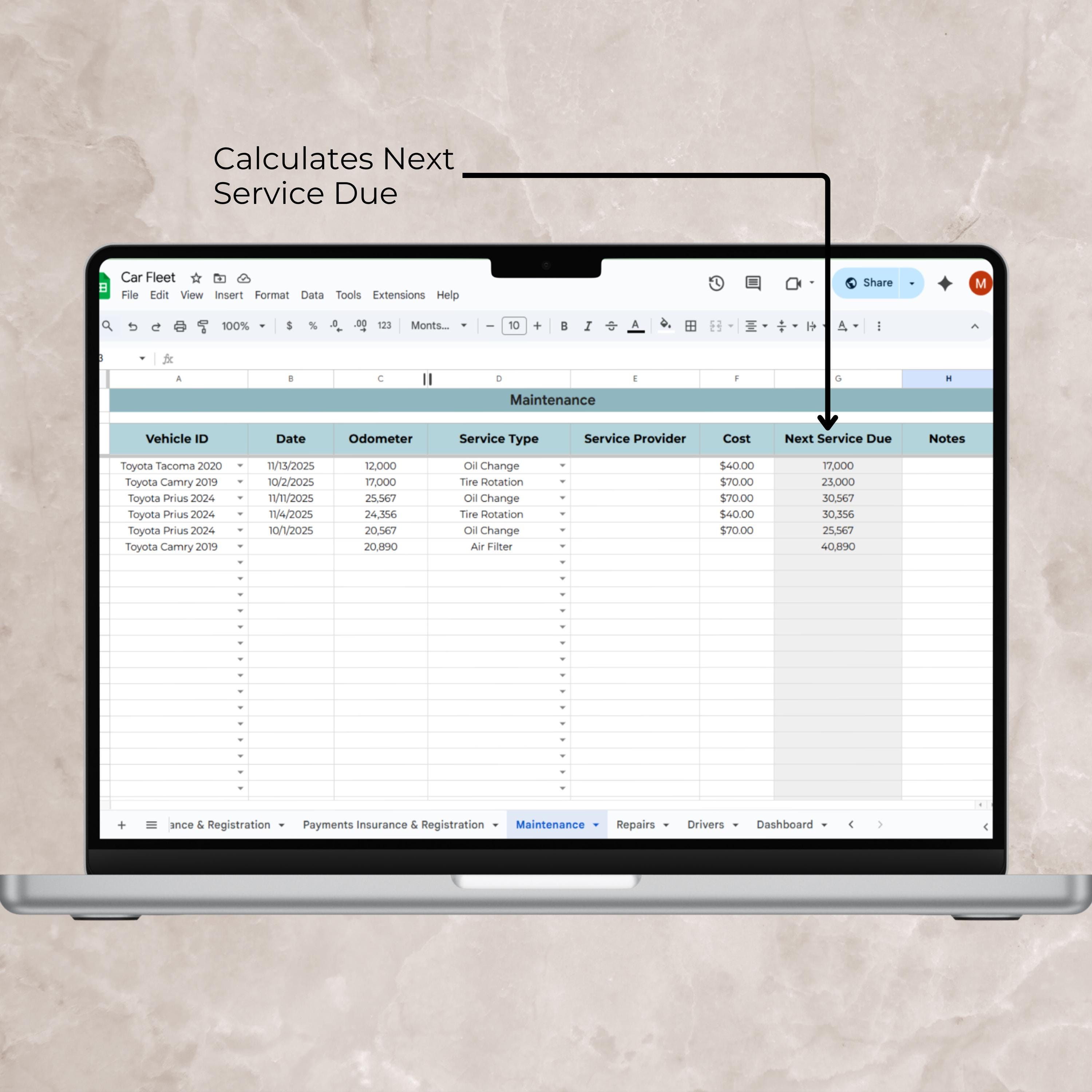Fleet Management Spreadsheet, Car Maintenance Google Sheet, Vehicle ...