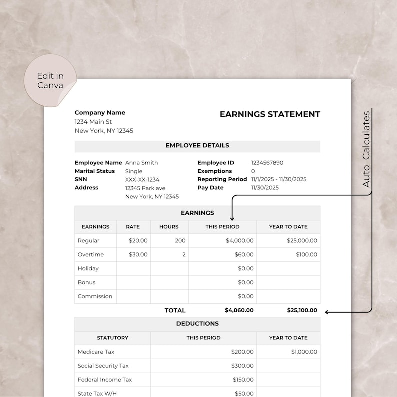 Paystub Canva, Editable Earnings Statement, Salary Slip Template ...