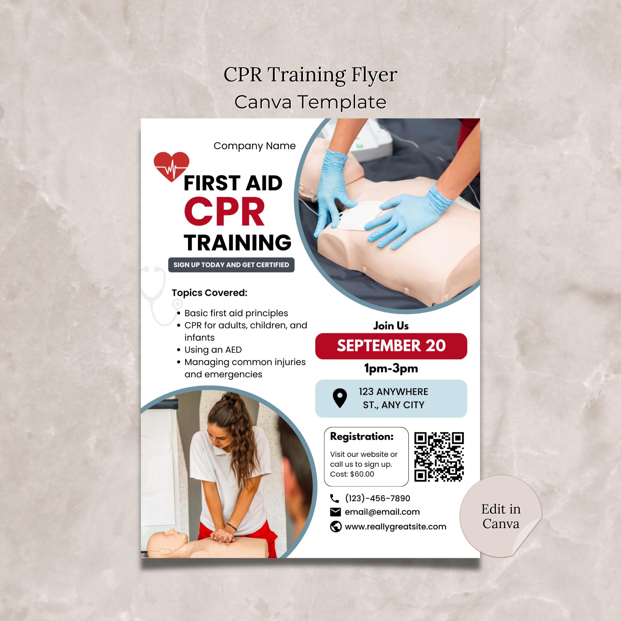 CPR Flyer Template Canva, First Aid Training Flyer, CPR Training Poster, Editable CPR Class ...