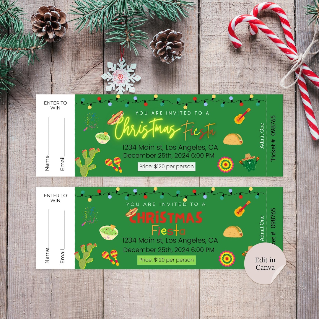 Christmas Fiesta Ticket Canva Template Editable Mexican Theme Holiday ...