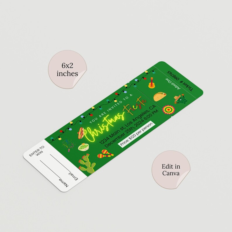 Christmas Fiesta Ticket Canva Template Editable Mexican Theme Holiday ...