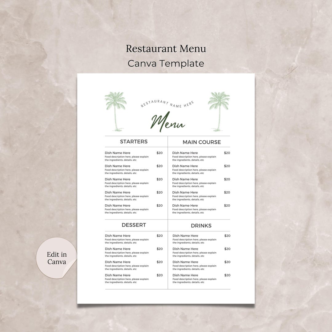 Beach Restaurant Menu Canva Template, Elegant Minimal Editable Food ...